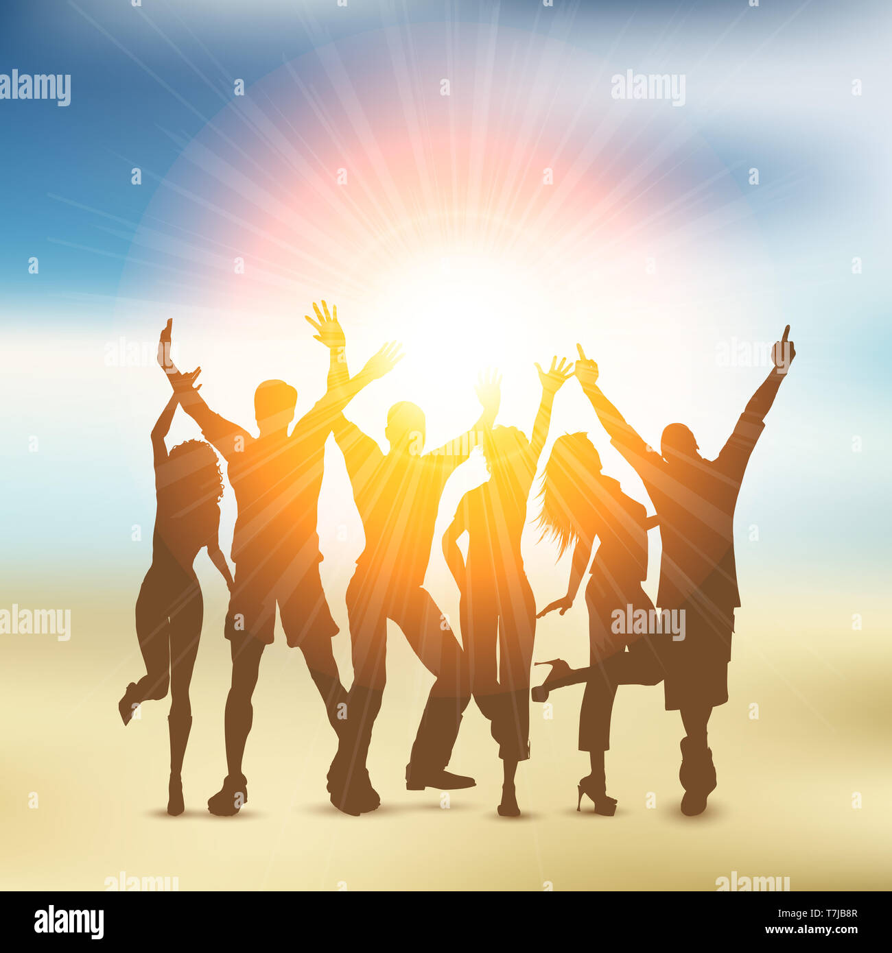 Silhouette of a party crowd on a summer themed background Stock Photo ...