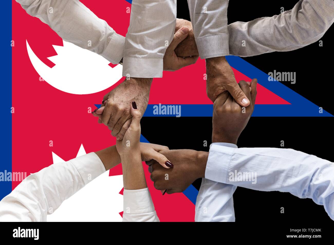 Flag of Nepal, intergration of a multicultural group of young people ...