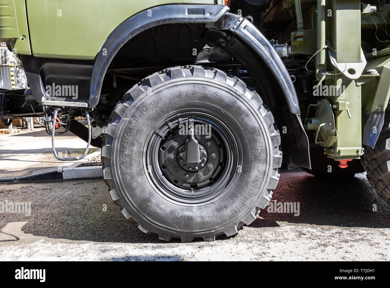 Samara, Russia - May 4, 2019: Close up view of Kamaz vehicle wheel with ...