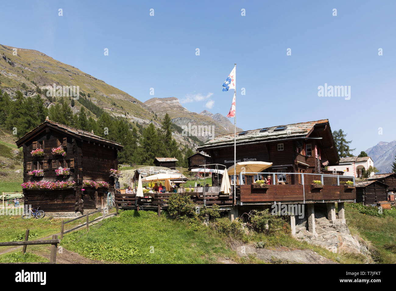 Two wooden buildings in the village of Blatten, Switzerland. The larger ...