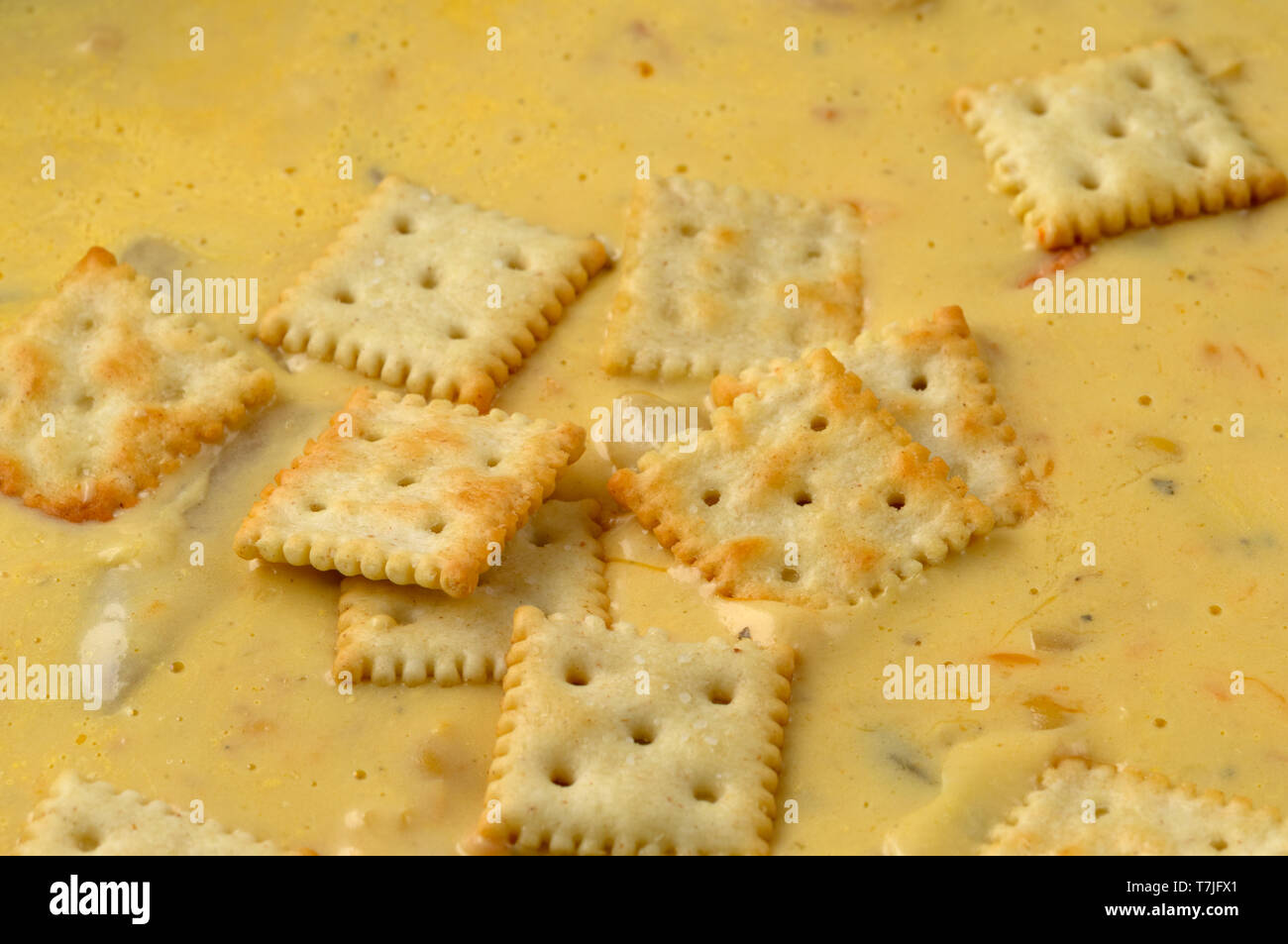 Chicken corn chowder with cheese and crackers illuminated with natural ...