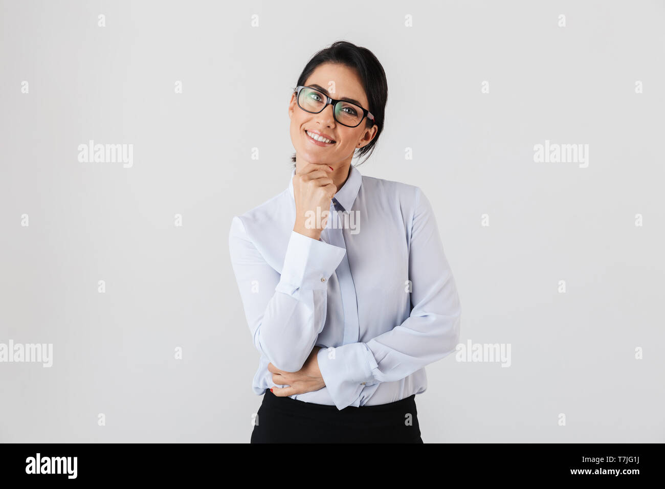 Image of successful secretary woman wearing eyeglasses standing in the ...