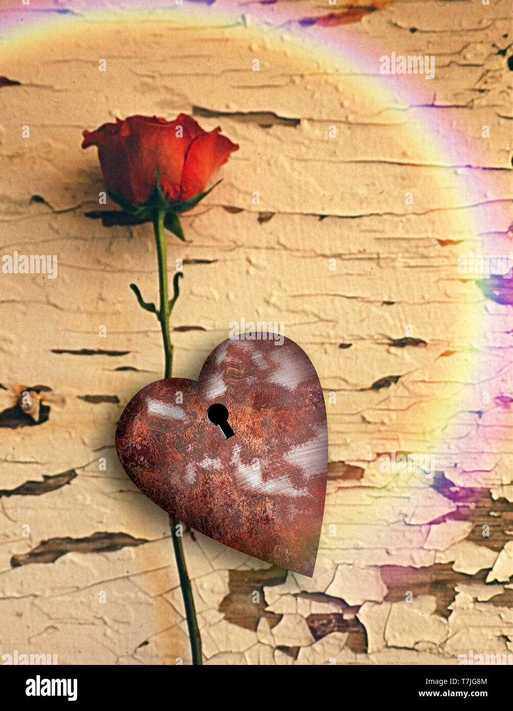 Surrealism. Red rose and rusted heart with keyhole. Rainbow Stock Photo ...