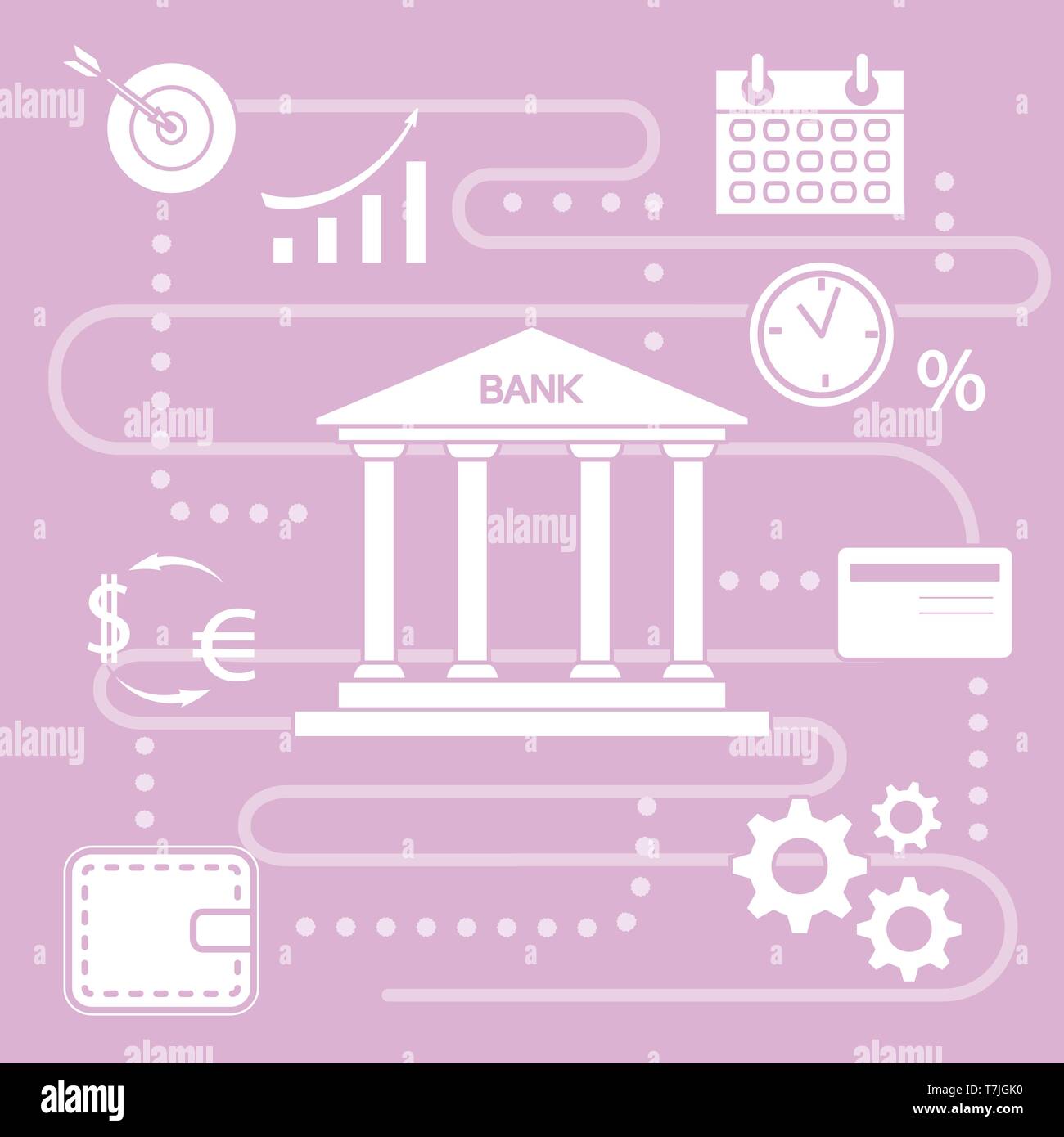 Vector illustration with banking line icon. Bank building, credit card ...