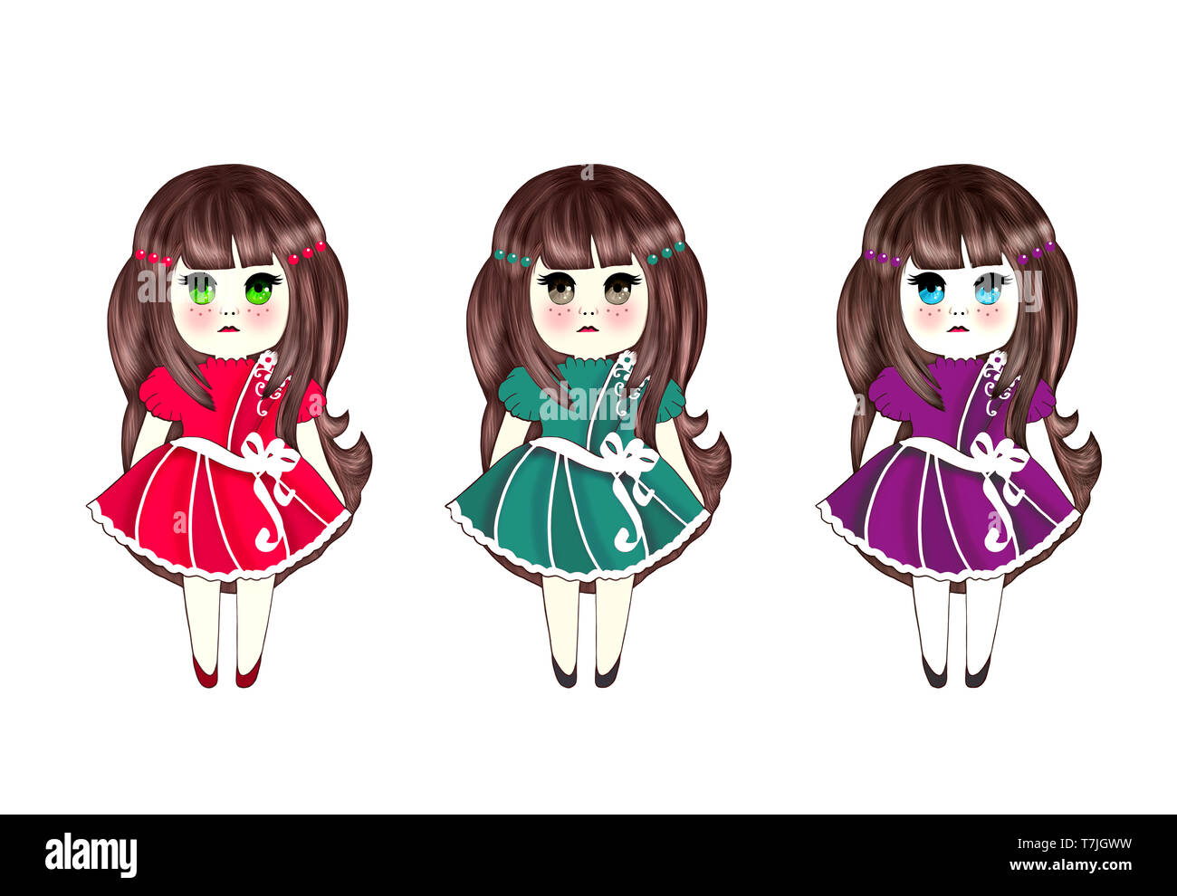 Kawaii sad girls in three colors. Digital Art, illustration.Isolated ...