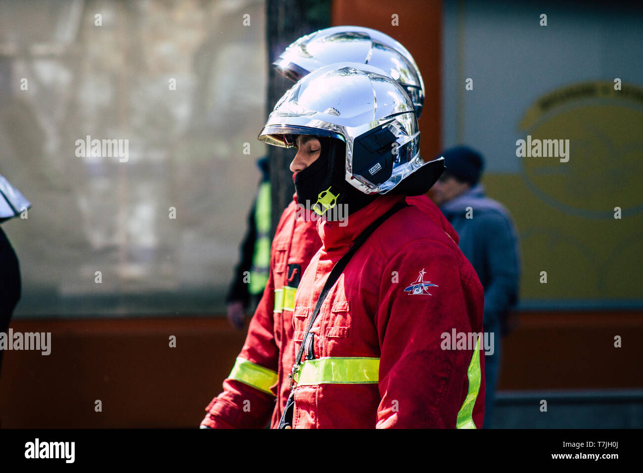Paris France May 04, 2019 View of a French firefighters walking in the ...