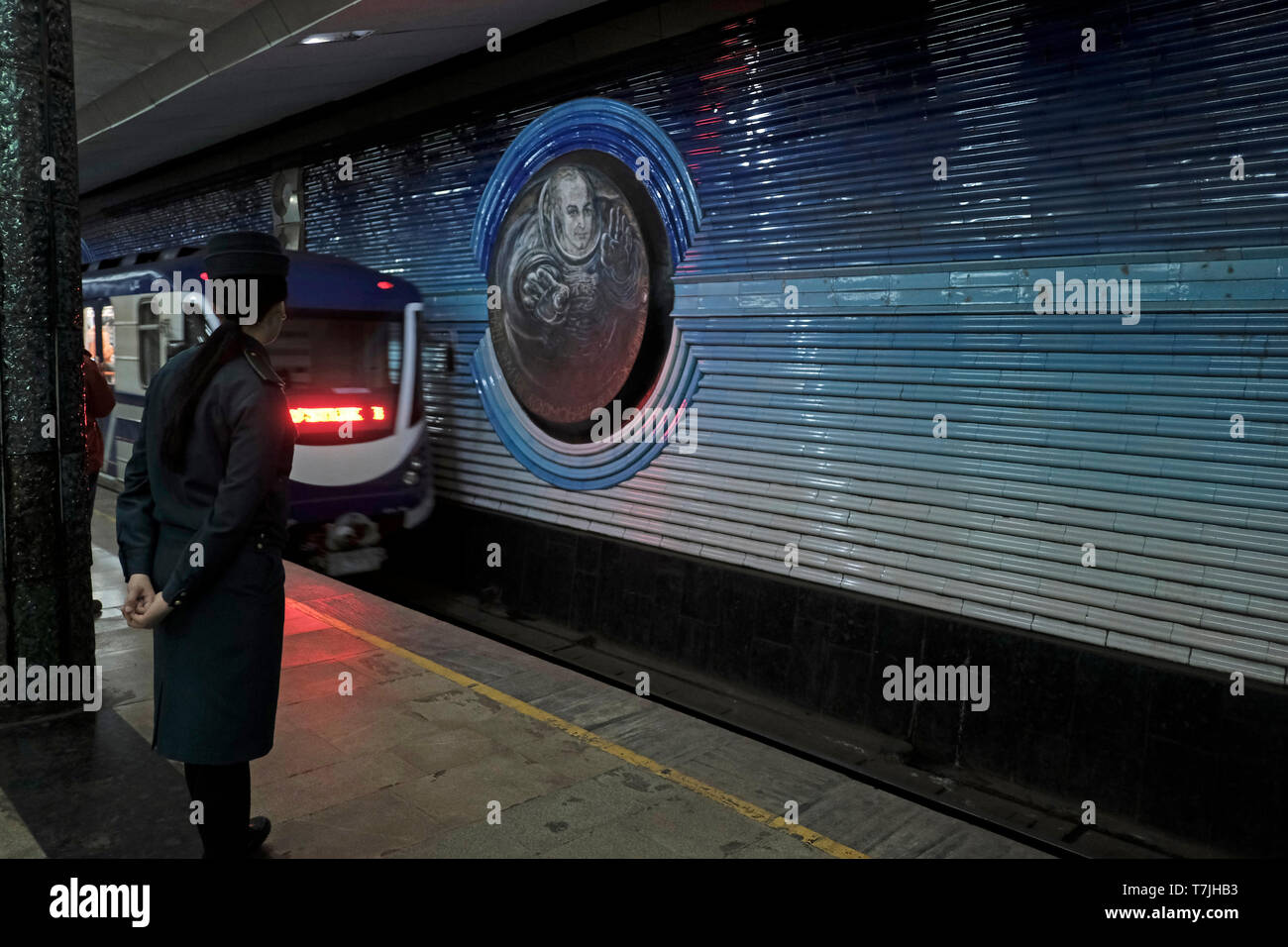 A train enters Kosmonavtlar subway Station built in the Soviet era ...