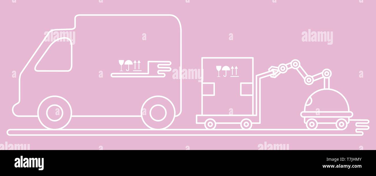 Vector illustration with robot loader loads boxes into a truck ...