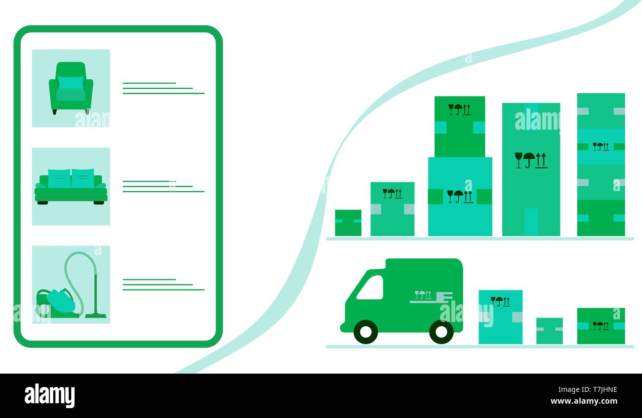 Vector illustration with order goods online. Warehouse, delivery. Cargo ...
