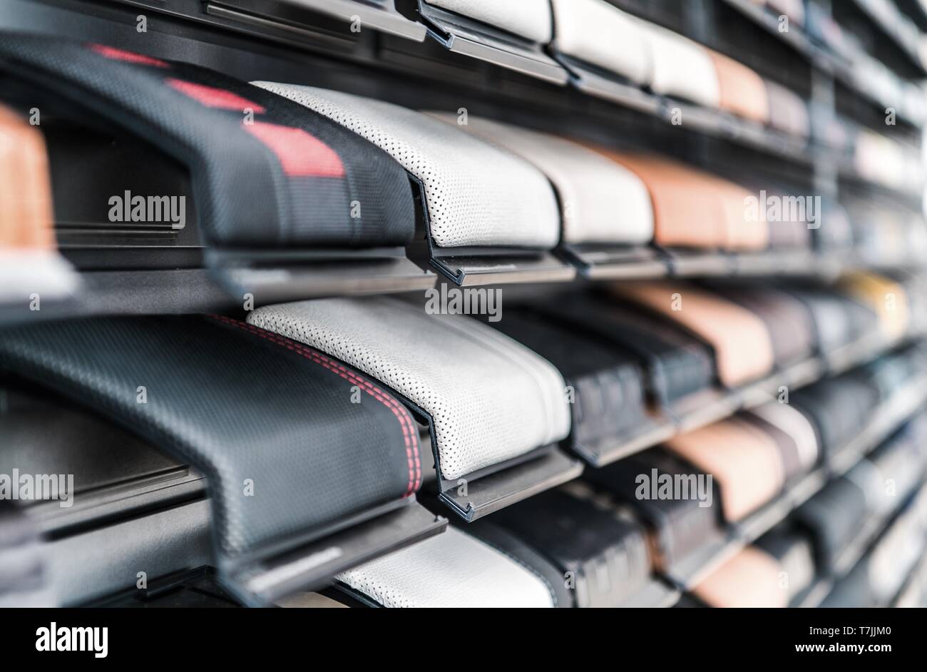 Car interior Finishing Materials. Samples Rack in a Dealership Showroom ...
