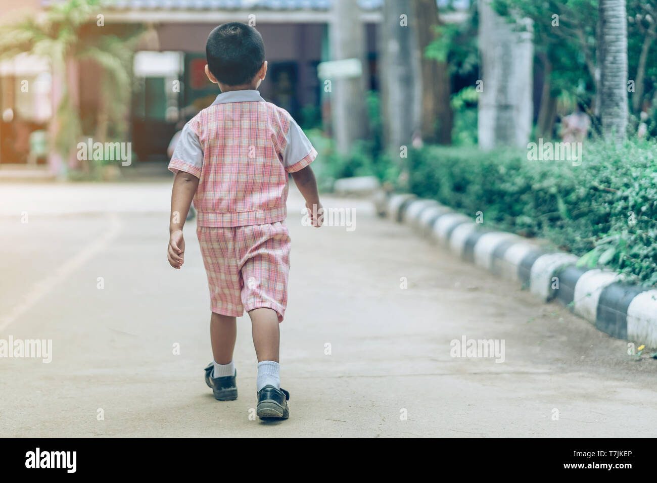 Back view of Boy followed girl friends on street to go to the classroom ...