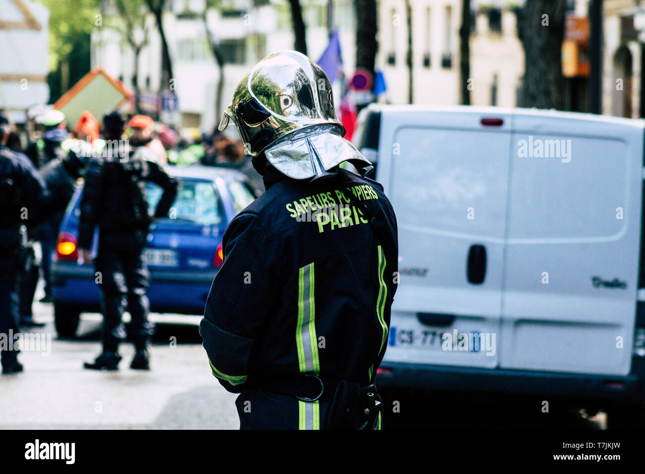 Paris France May 04, 2019 View of a French firefighters walking in the ...