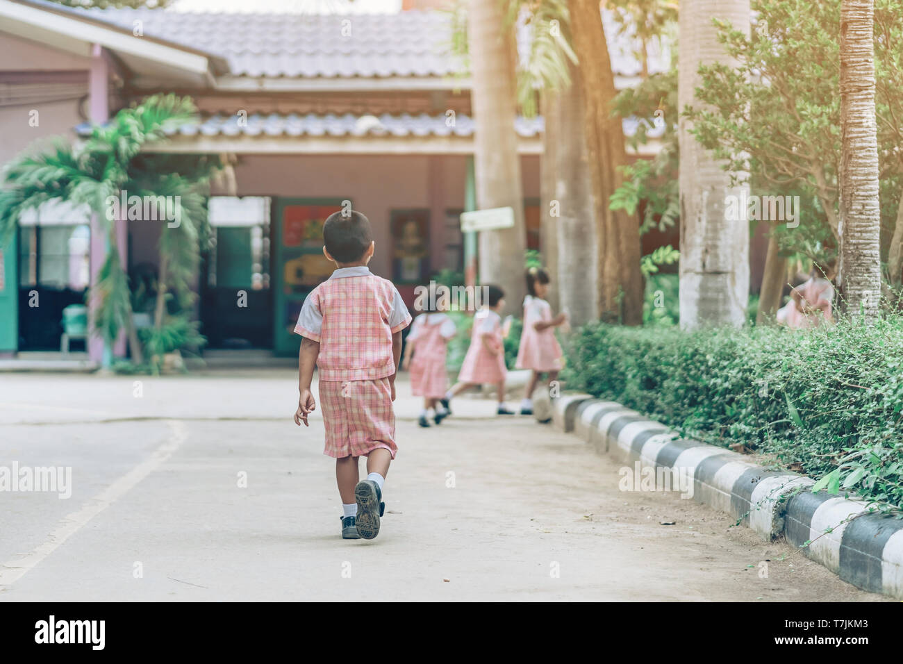 Back view of Boy followed girl friends on street to go to the classroom ...