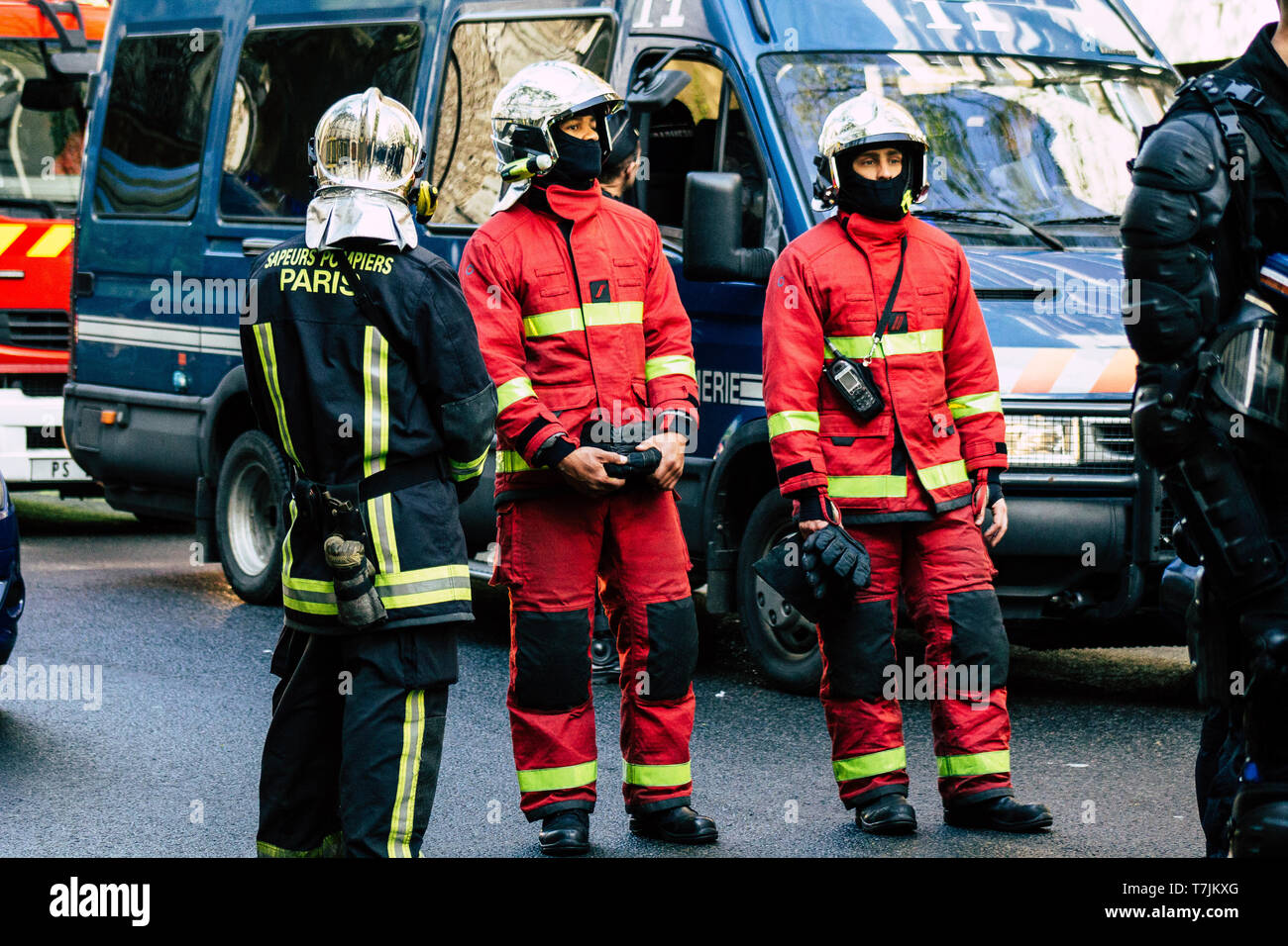 Paris France May 04, 2019 View of a French firefighters walking in the ...