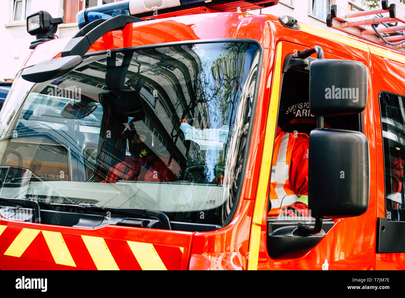 Paris France May 04, 2019 View of a French fire engine rolling in the ...