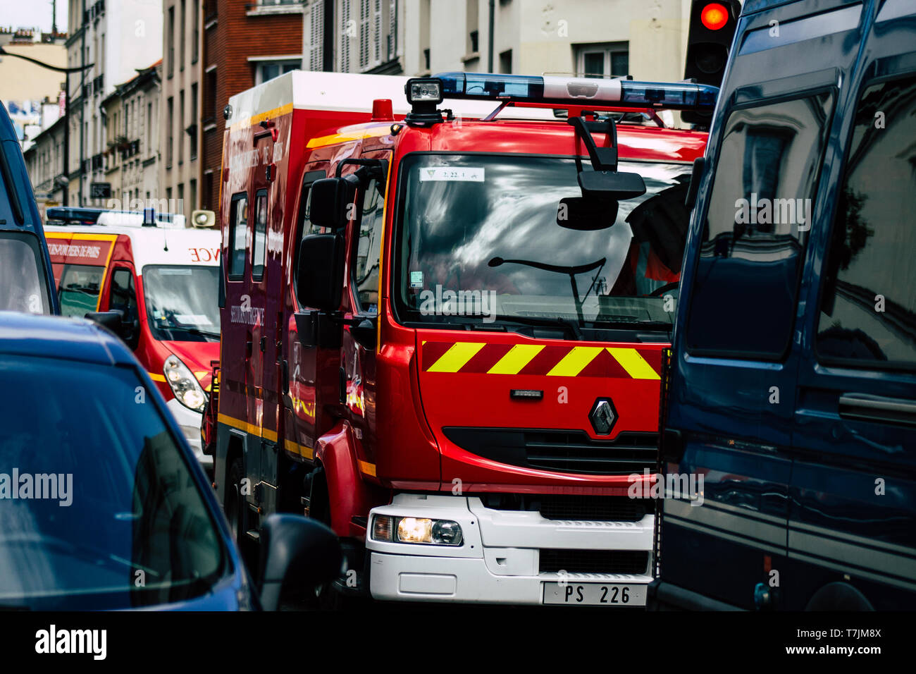 Paris France May 04, 2019 View of a French fire engine rolling in the ...