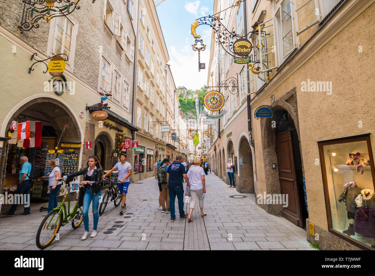 Salzburg, Austria - September 13, 2018: Famous busy pedestrian shopping ...