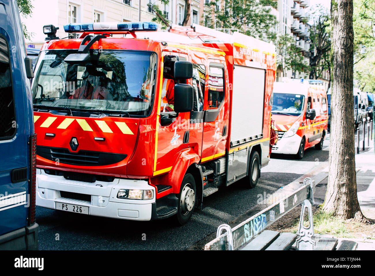 Paris France May 04, 2019 View of a French fire engine rolling in the ...