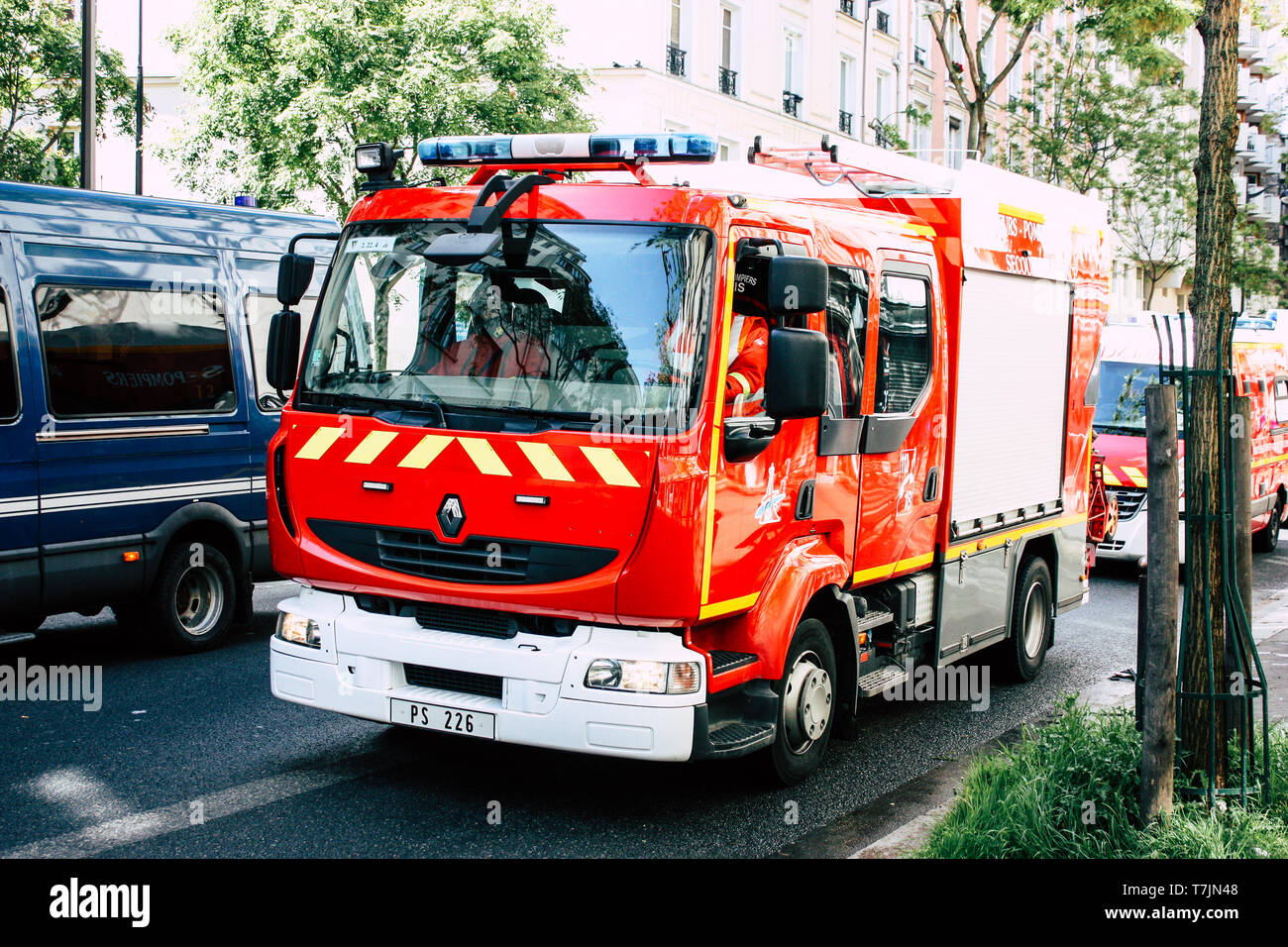 Paris France May 04, 2019 View of a French fire engine rolling in the ...