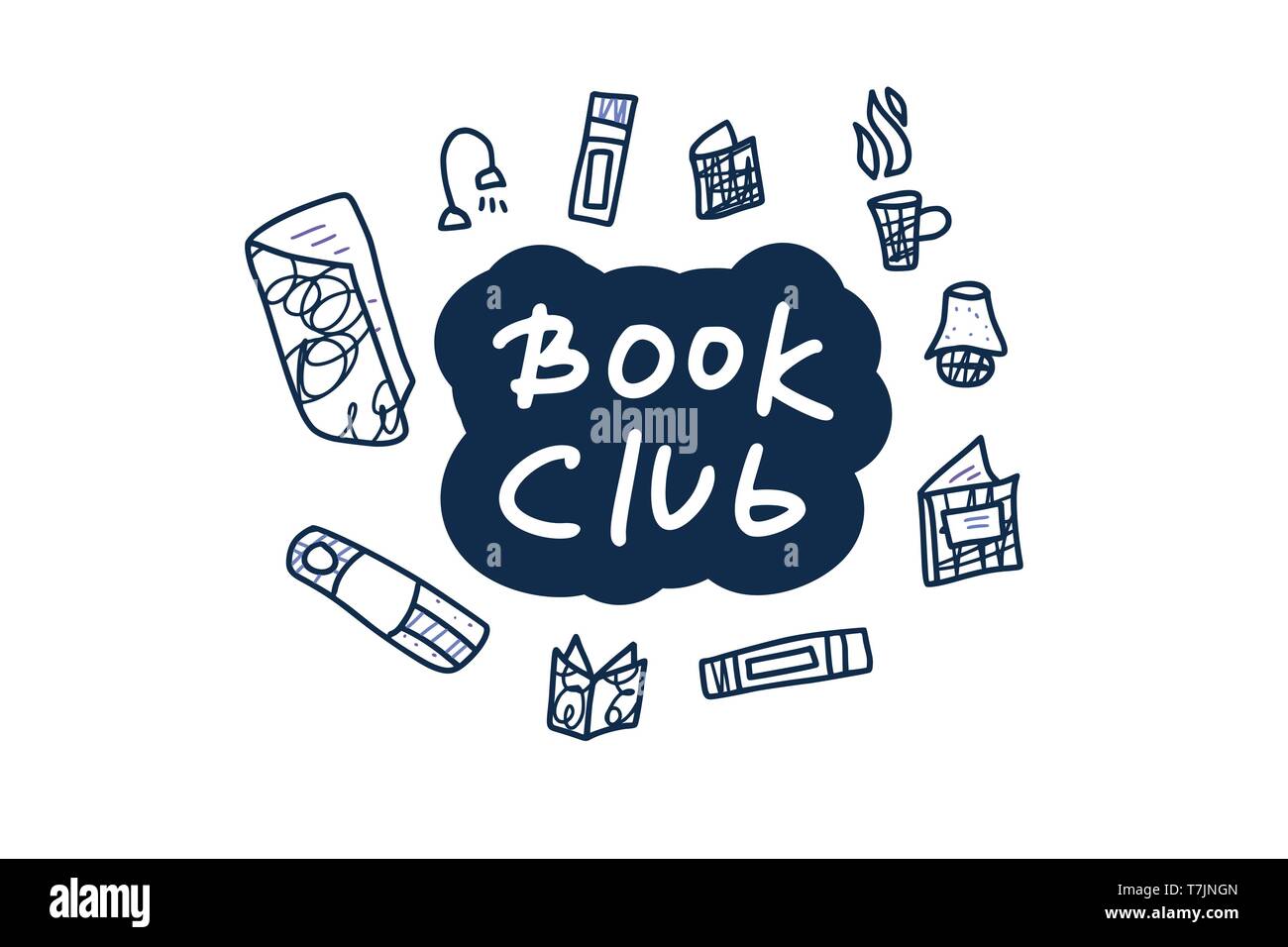 Book set in doodle style. Book club concept. Symbols of reading on ...