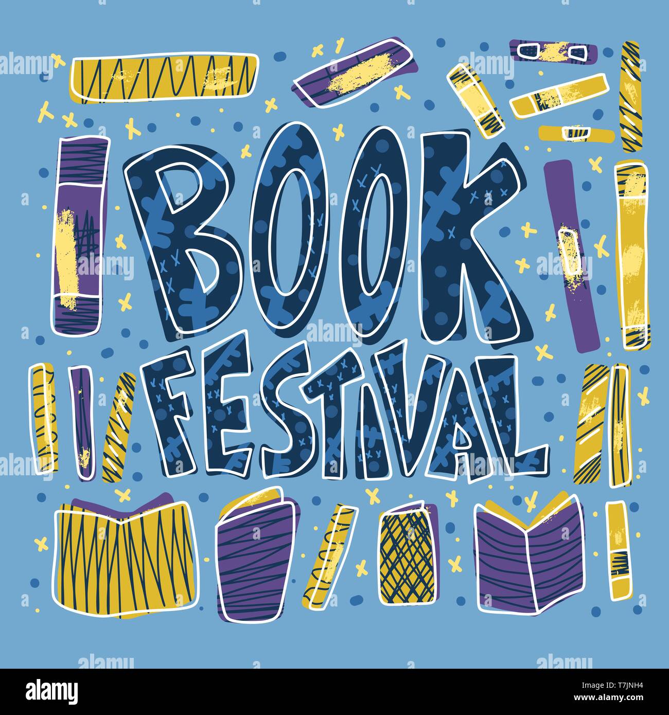 Book festival poster. Book set in doodle style. Symbols of reading with ...