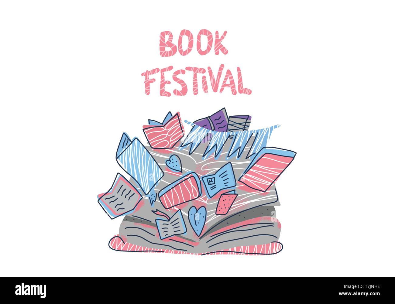 Book festival concept. Lettering with books in doodle style. Symbols of ...
