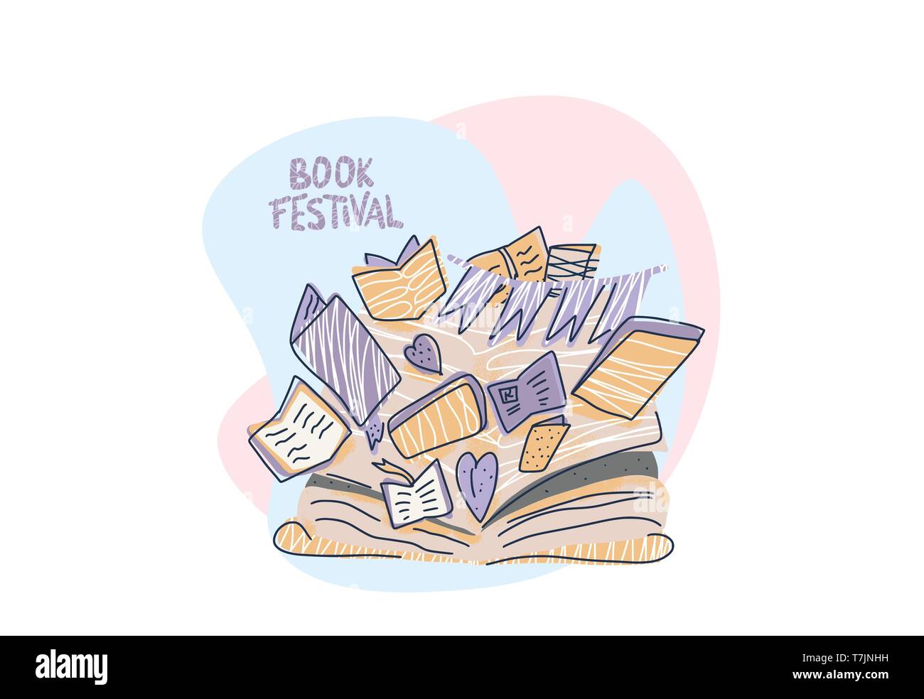 Book festival concept. Lettering with books in doodle style. Symbols of ...