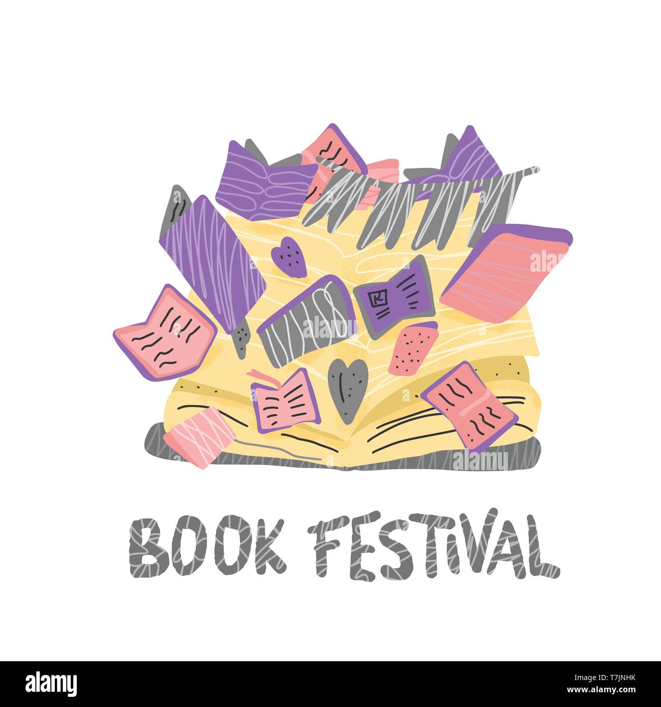 Book festival concept. Lettering with books in doodle style. Symbols of ...