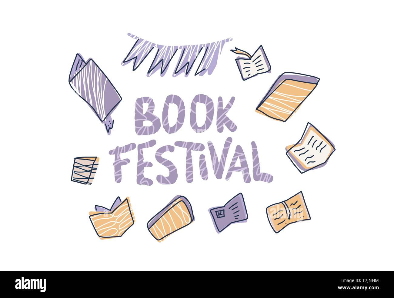 Book festival concept. Lettering with books in doodle style. Symbols of ...
