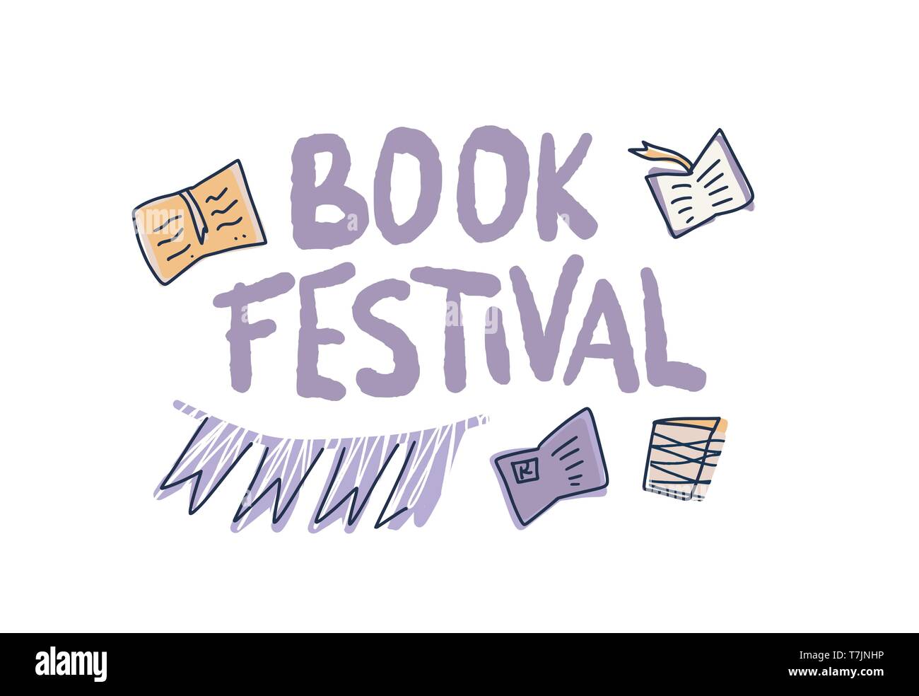 Book festival concept. Lettering with books in doodle style. Symbols of ...