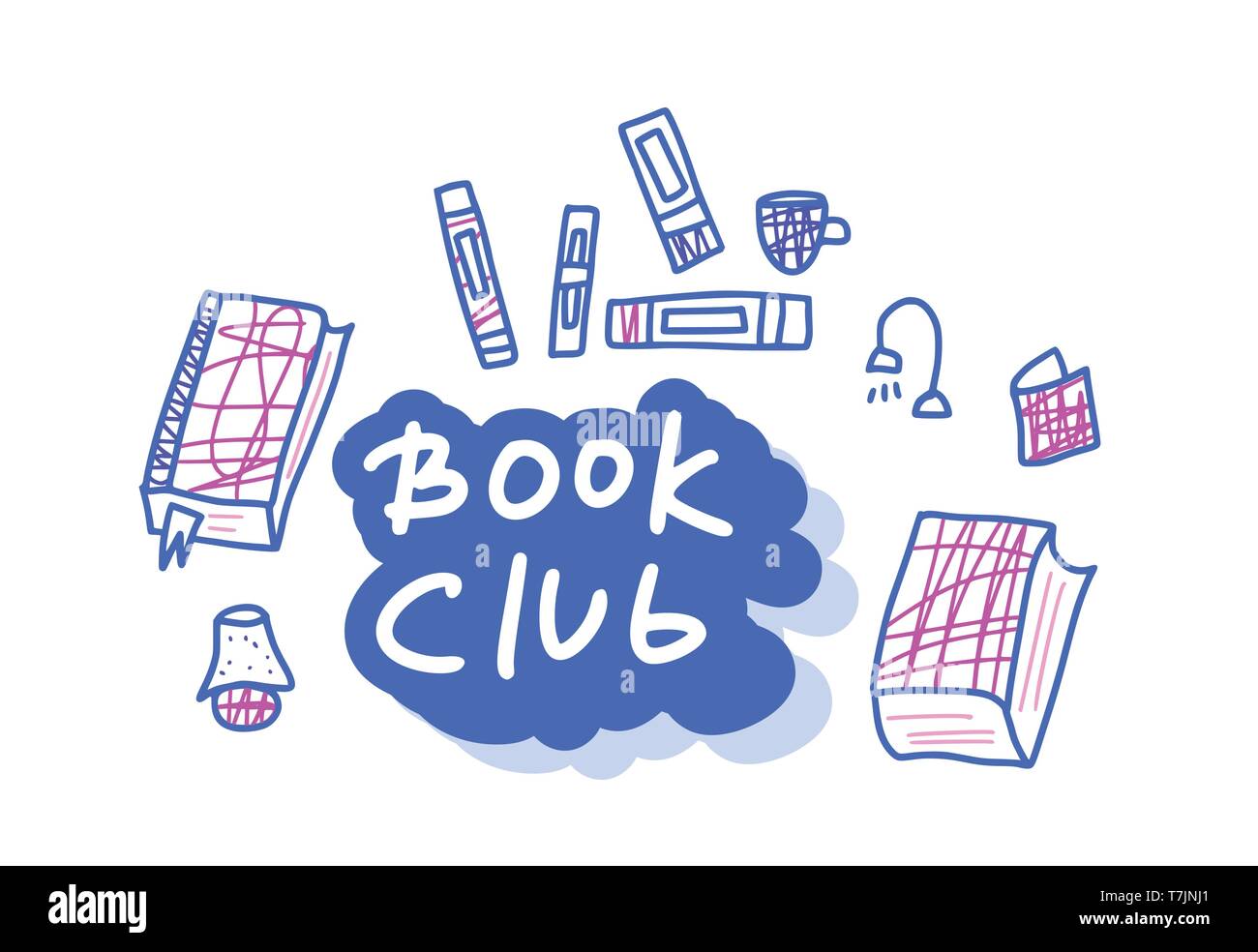 Book club concept. Book set in doodle style. Symbols of reading on ...