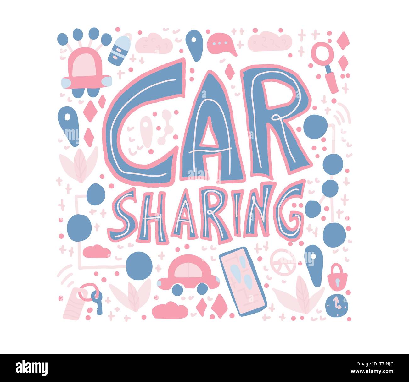 Car sharing concept. Hand lettering with symbols. Vector illustration ...