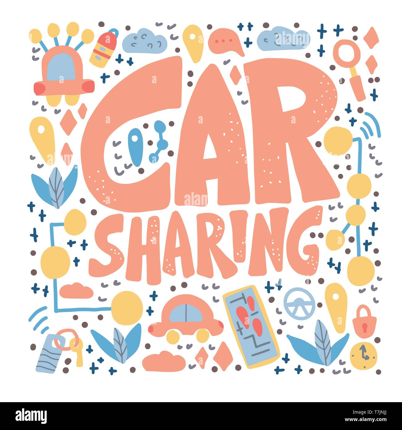 Car sharing concept. Hand lettering with symbols. Vector illustration ...