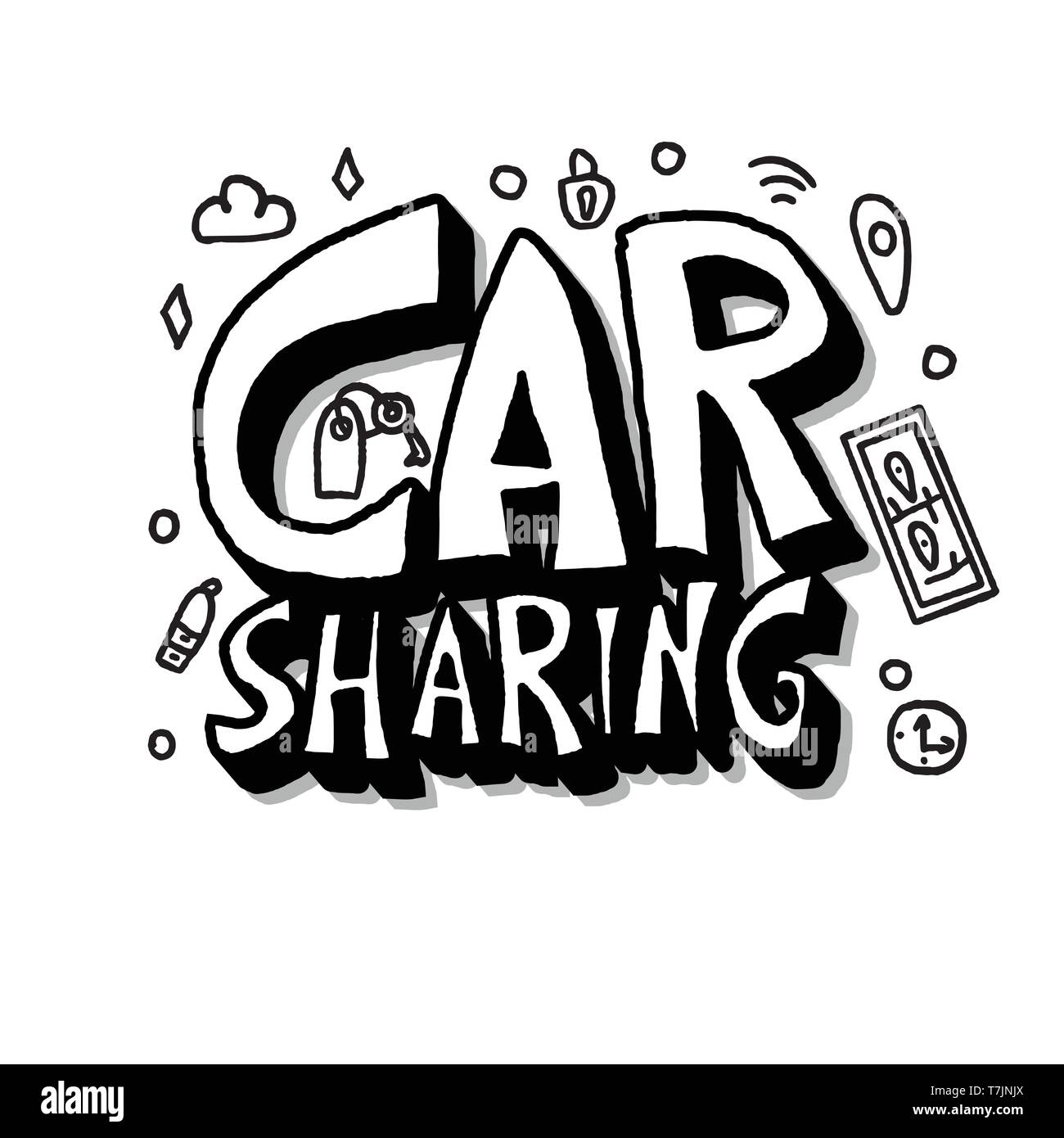 Car sharing concept. Hand lettering with symbols. Vector black and ...