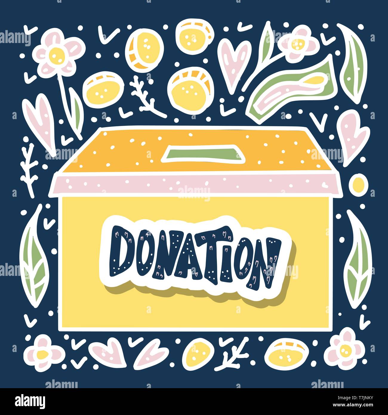 Donation box banner. Donate lettering with coin and other decoration ...