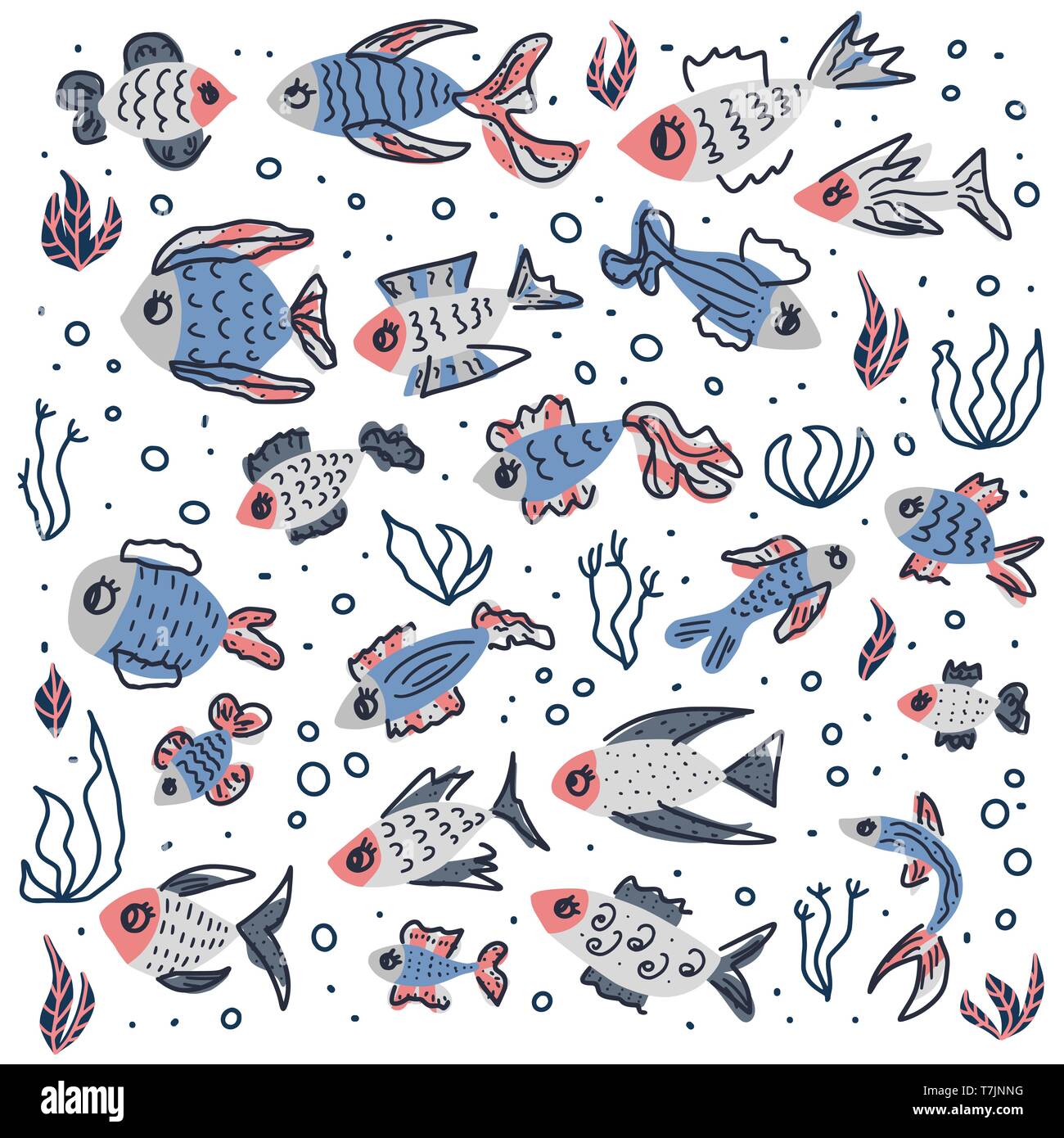 Fish collection isolated. Cute aquarium fish characters in doodle style ...