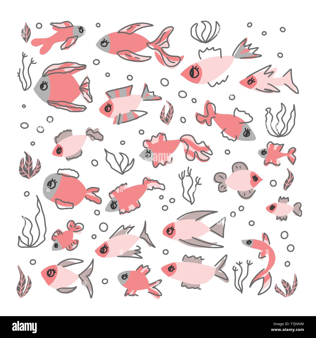 Fish collection isolated. Cute aquarium fish characters in doodle style ...