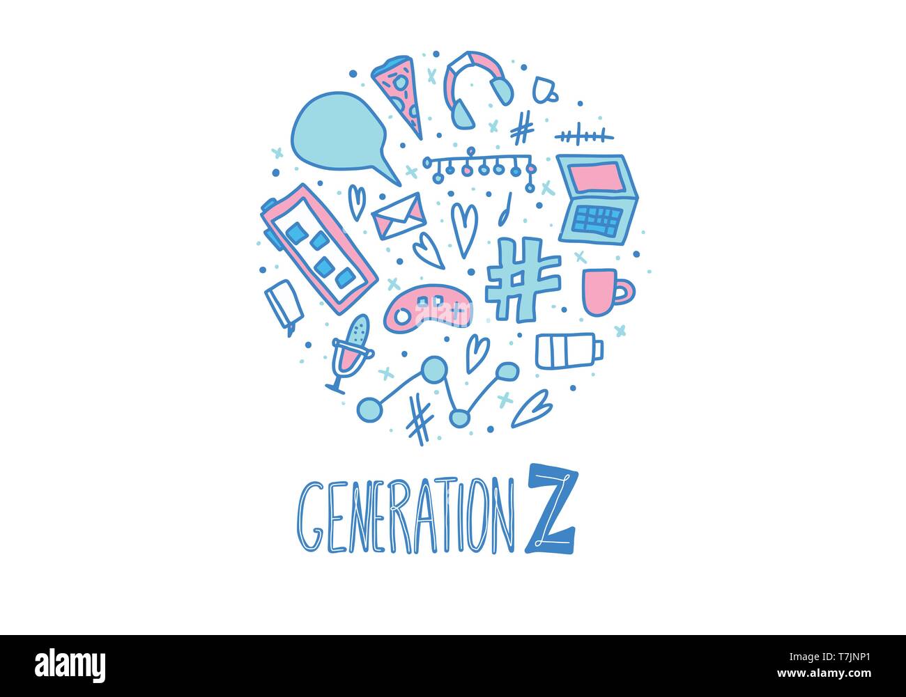 Generation z round composition. Text with digital symbols in doodle ...
