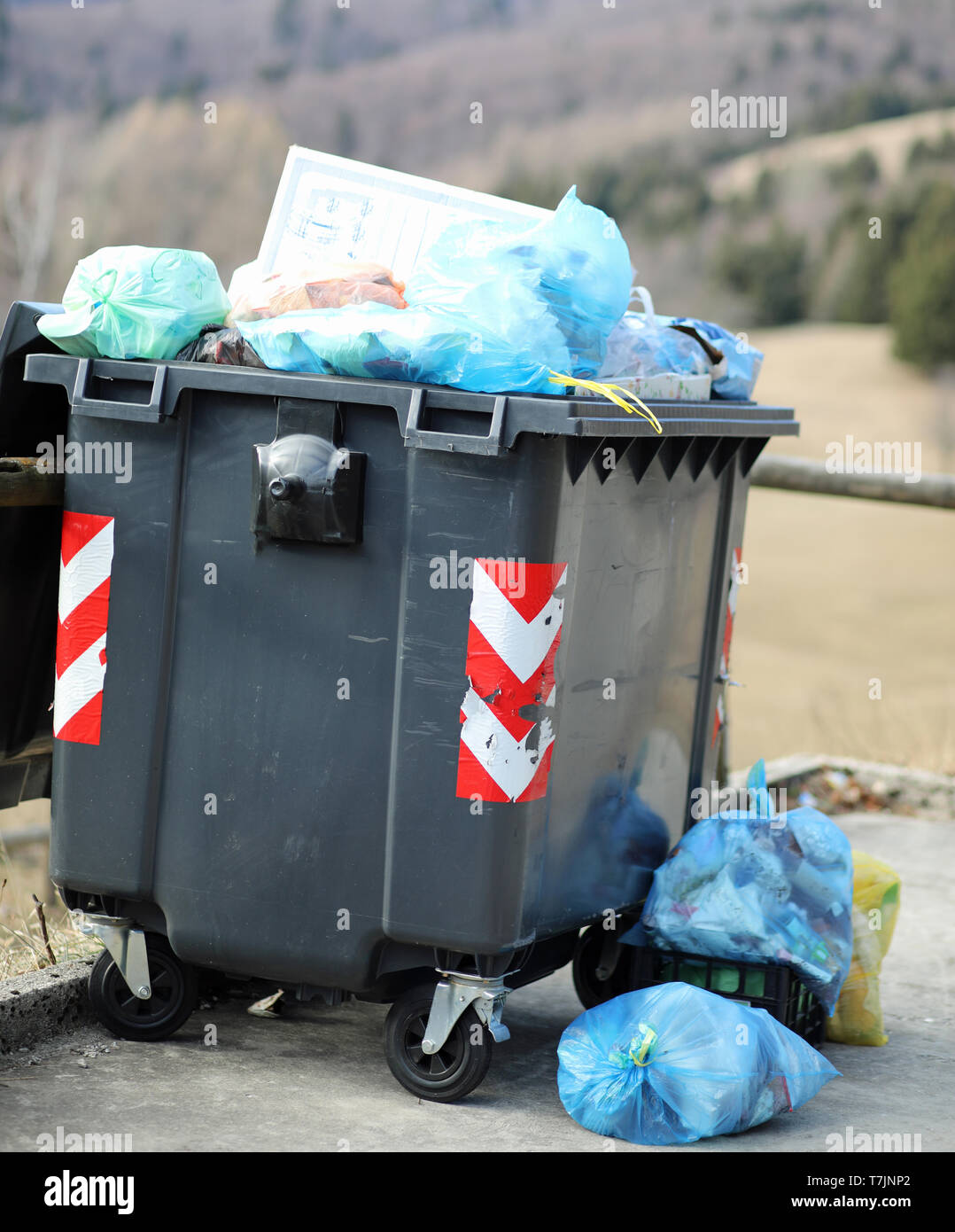small black dumpster and many garbage bags on the street of the ...