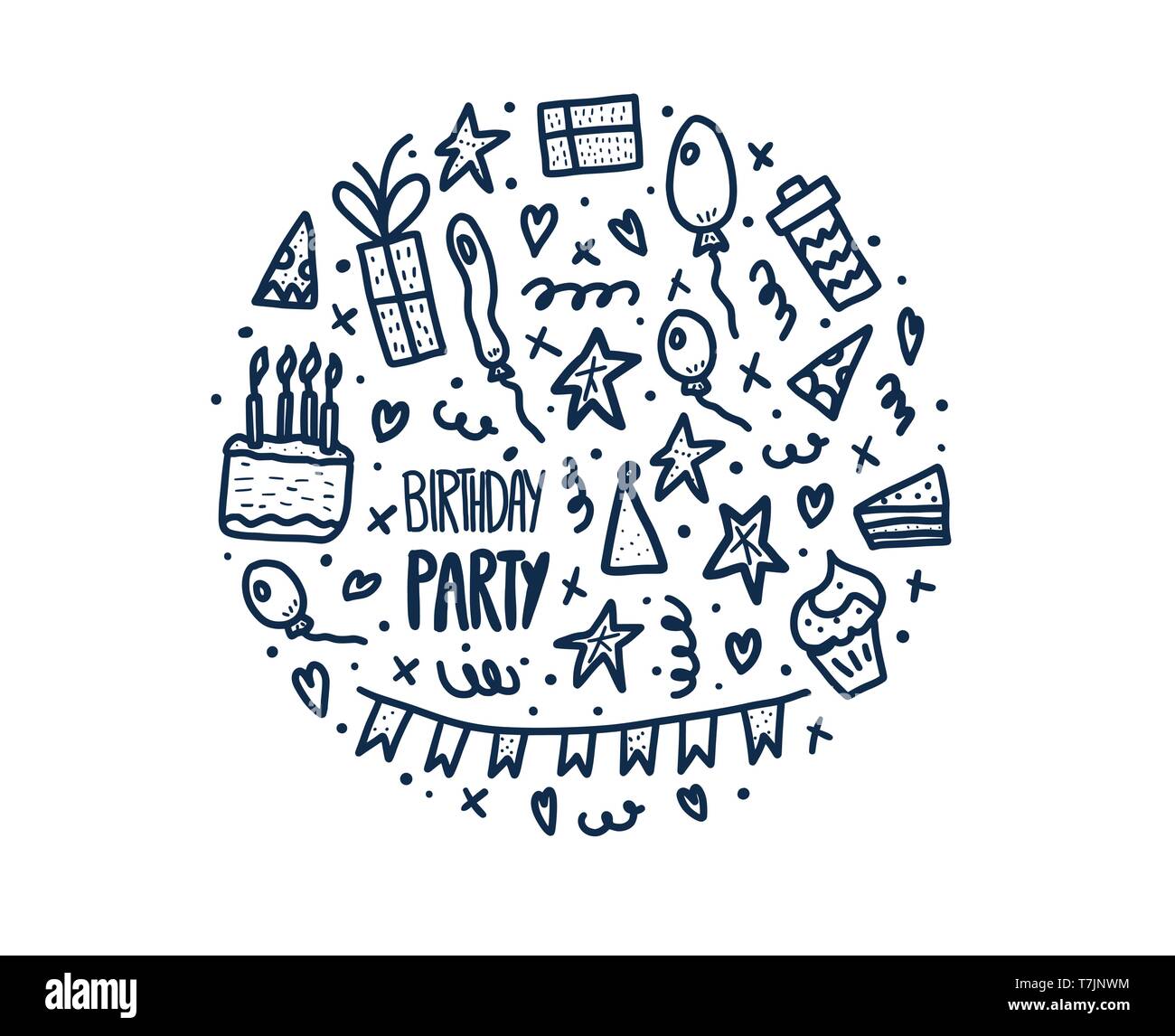 Birthday party round badge isolated. Hand drawn quote with fun event ...