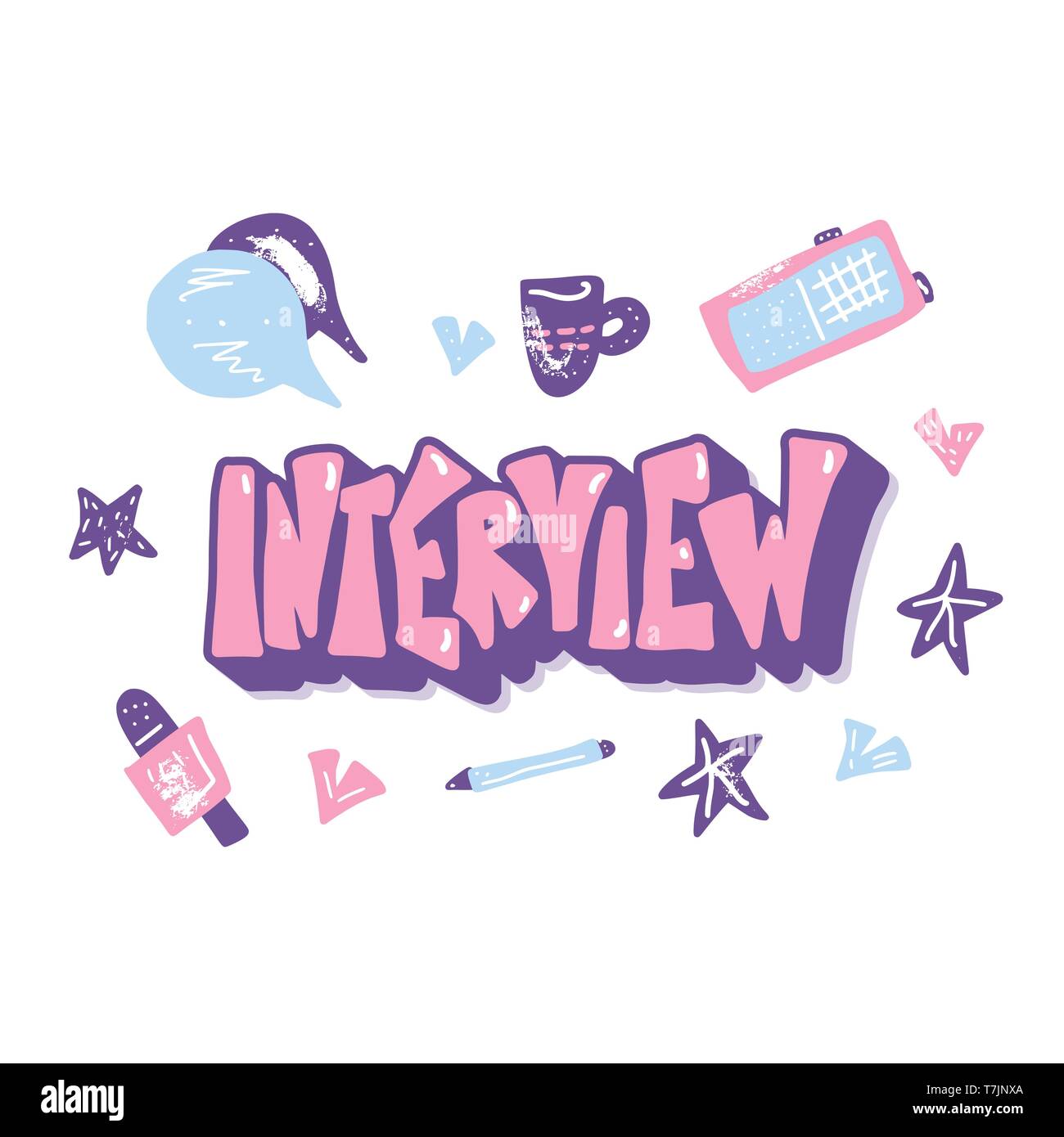 Interview emblem with lettering and decoration design elements isolated ...