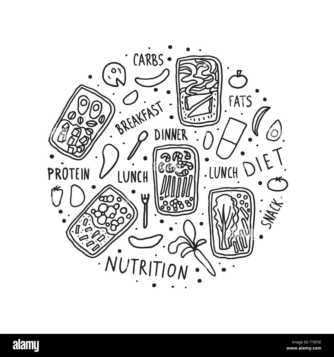 Lunch boxes and food with hand lettering circle composition. Healthy ...