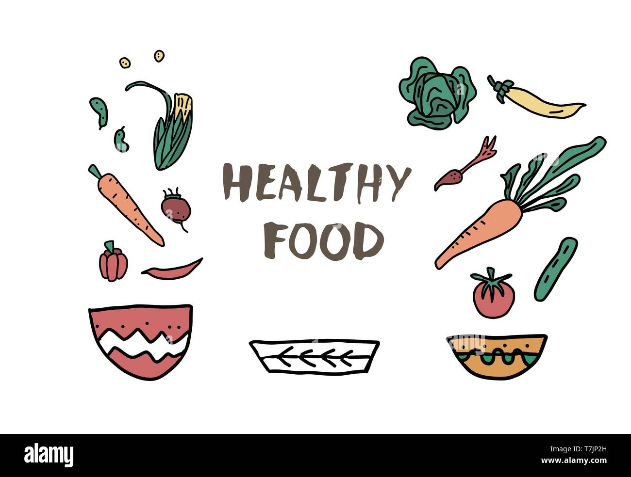 Healthy food concept with lettering. Salad ingredients. Vegetable set ...