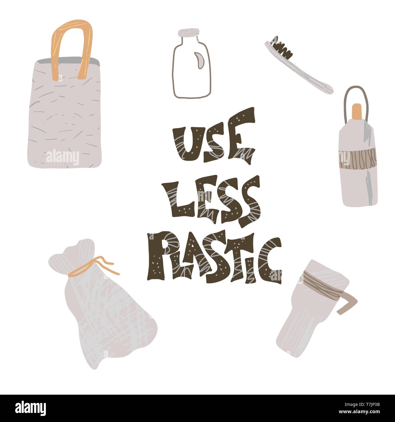 Use less plastic quote with eco lifestyle elements isolated on white ...