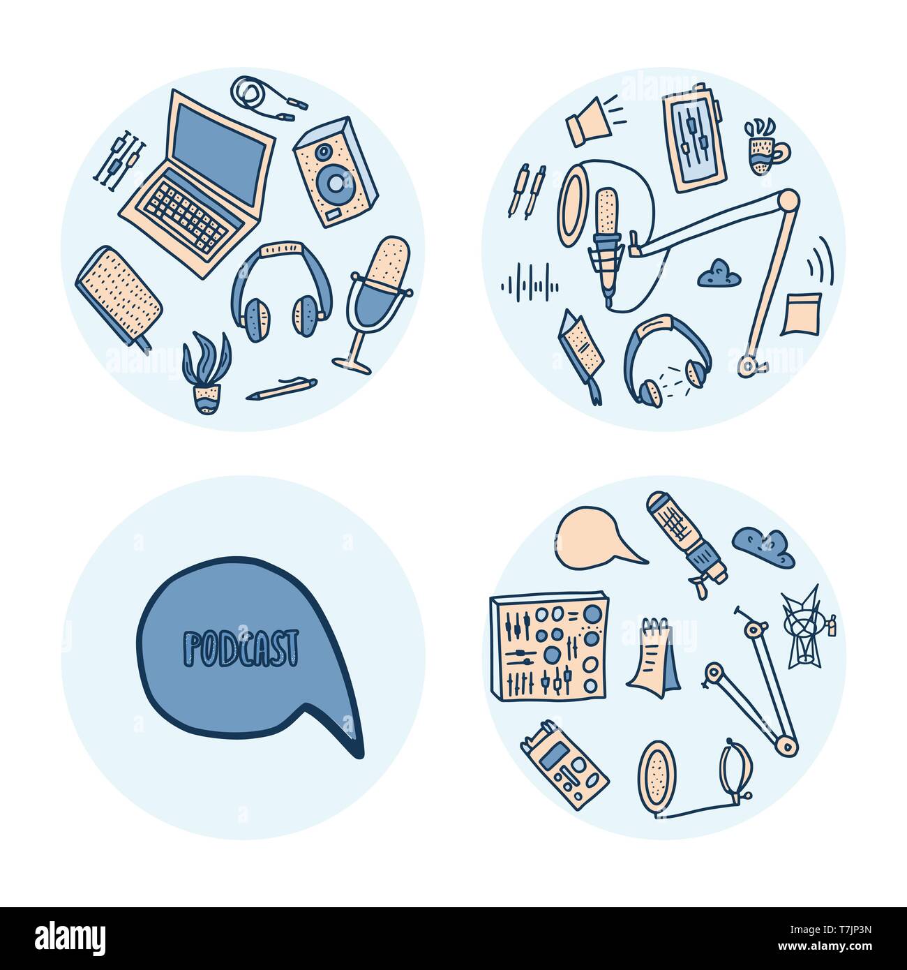 Podcast round emblems with handwritten lettering and decoration in ...