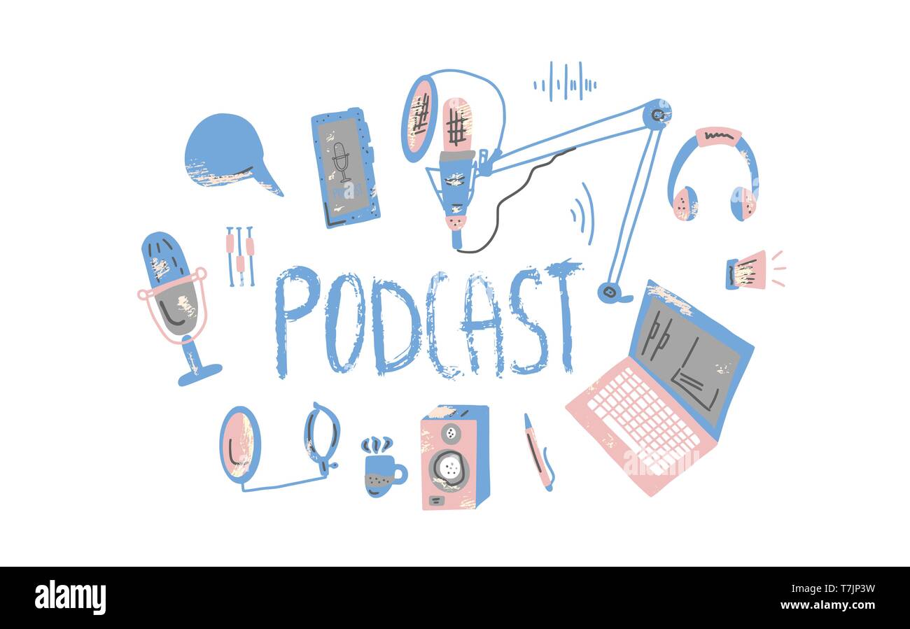 Podcast emblem with handwritten lettering and decoration. Text and ...