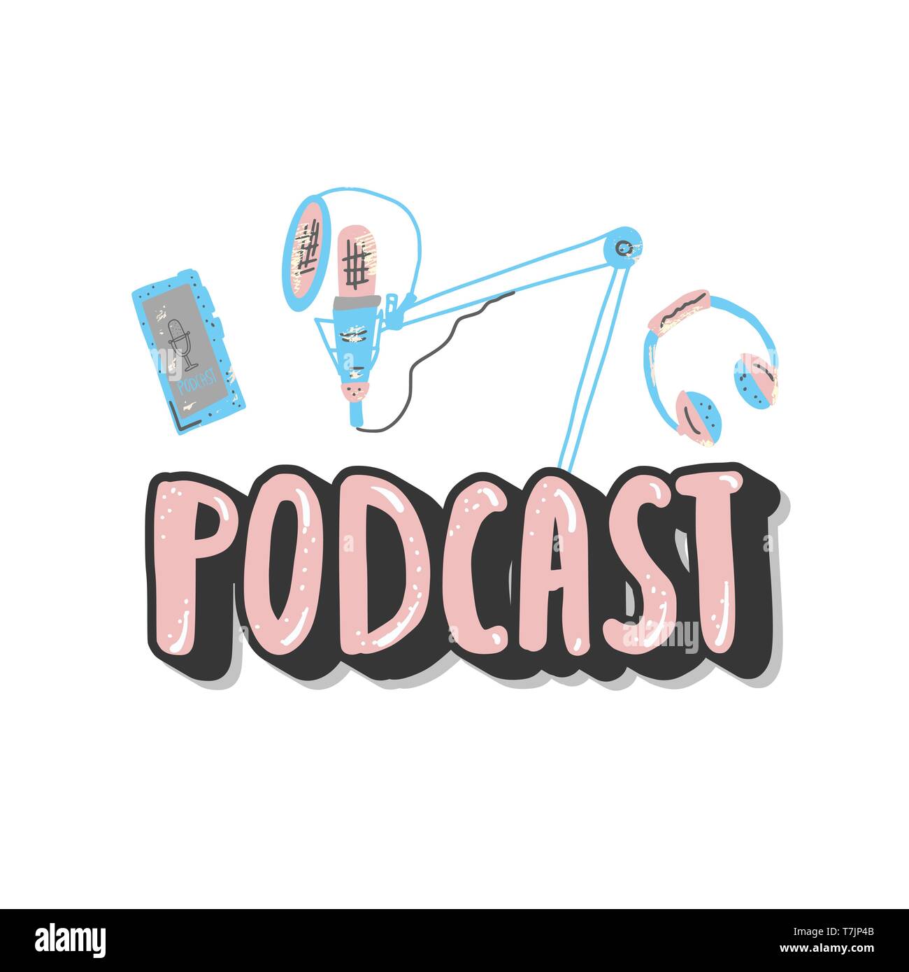 Podcast emblem with handwritten lettering and decoration. Text and ...
