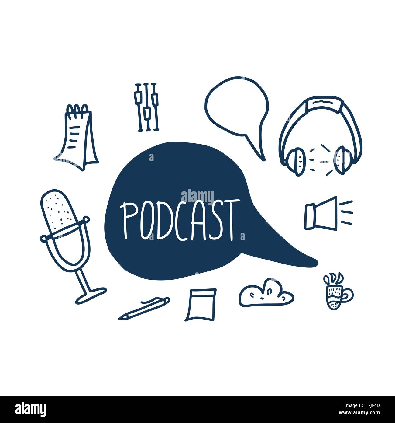 Podcast emblem with handwritten lettering and decoration. Text and ...