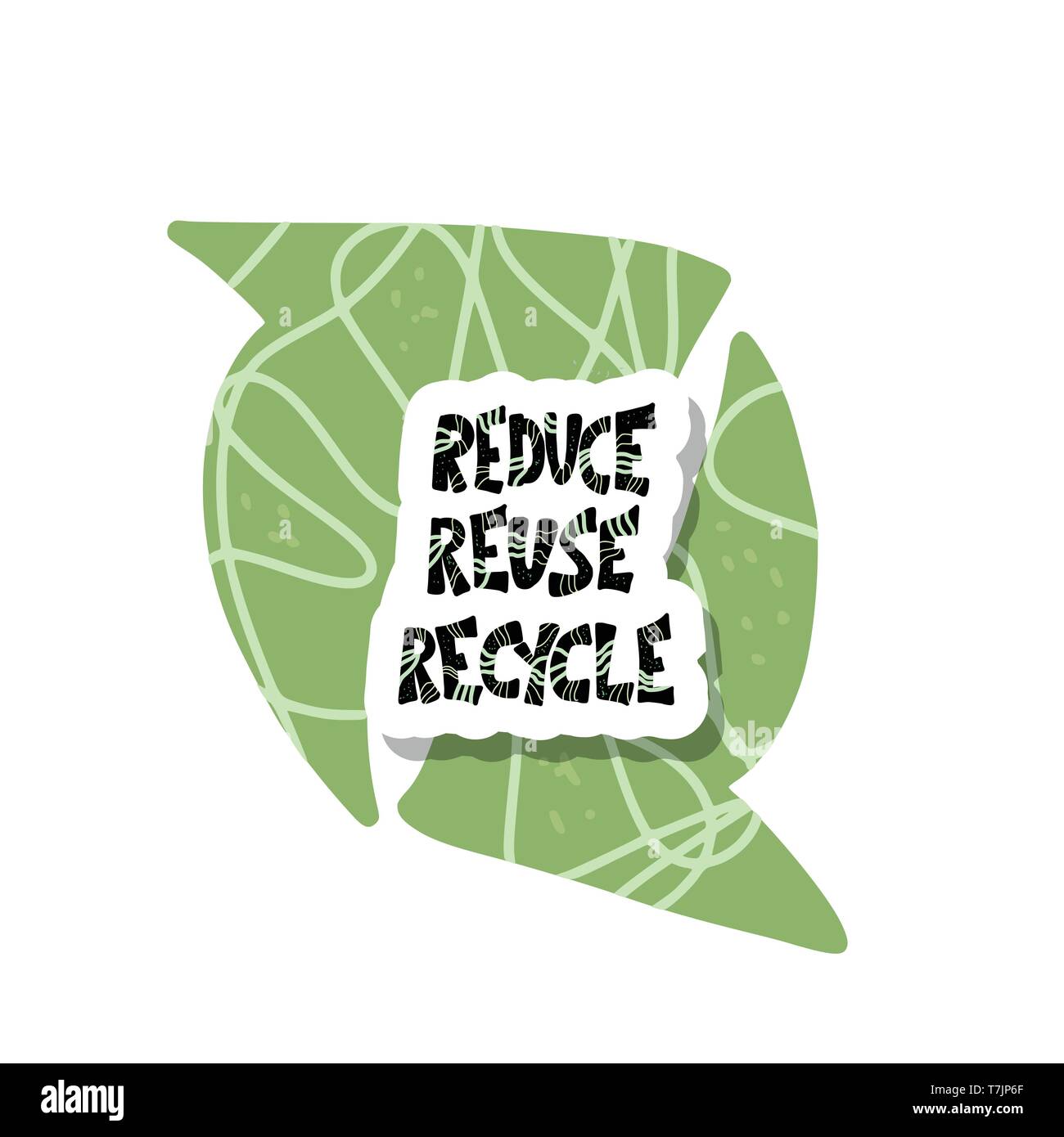 Reduce Reuse Recycle. Sticker quote with arrow symbols decor. Emblem with handwritten lettering ...