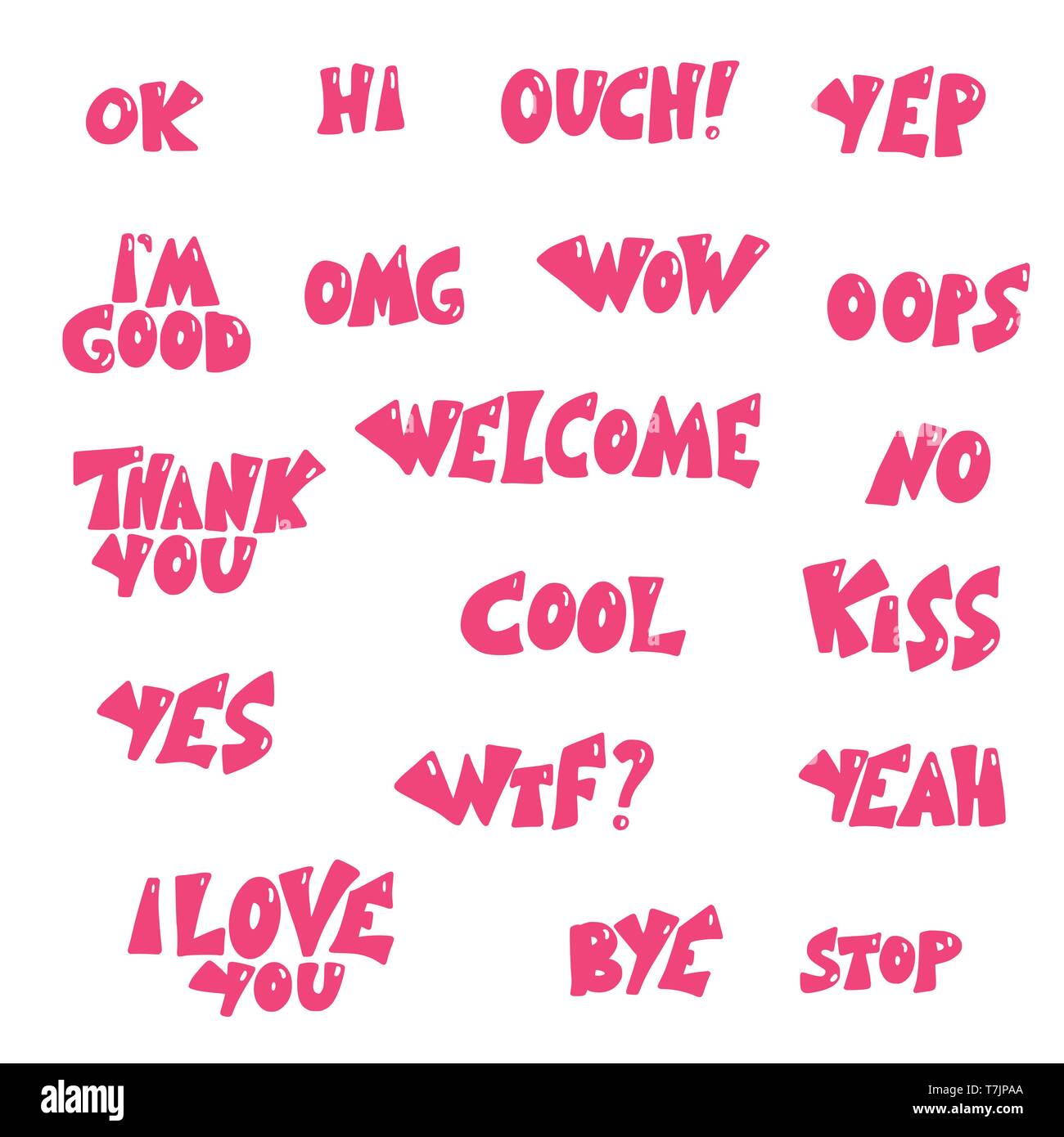 Set of expressions. Ok, yep, wow, omg, welcome, cool, thank you, yes ...